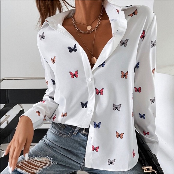 Tops | Boho White Butterfly Print Button Up Top | Poshmark